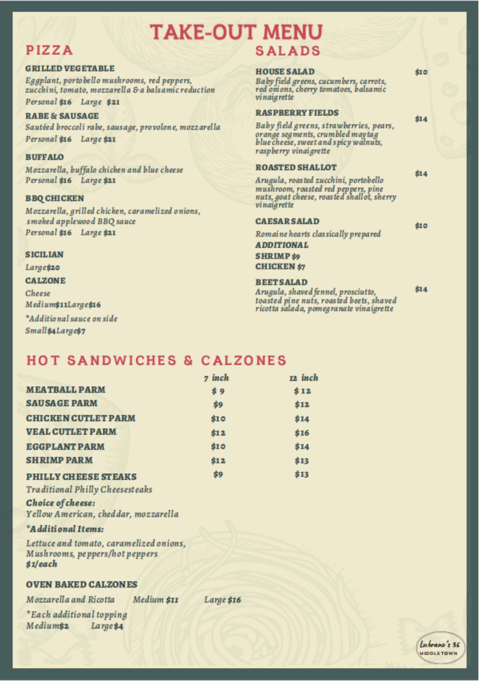 Take Out Menu - Lubrano's 36
