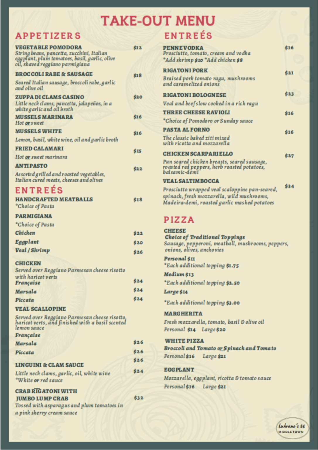 Take Out Menu - Lubrano's 36
