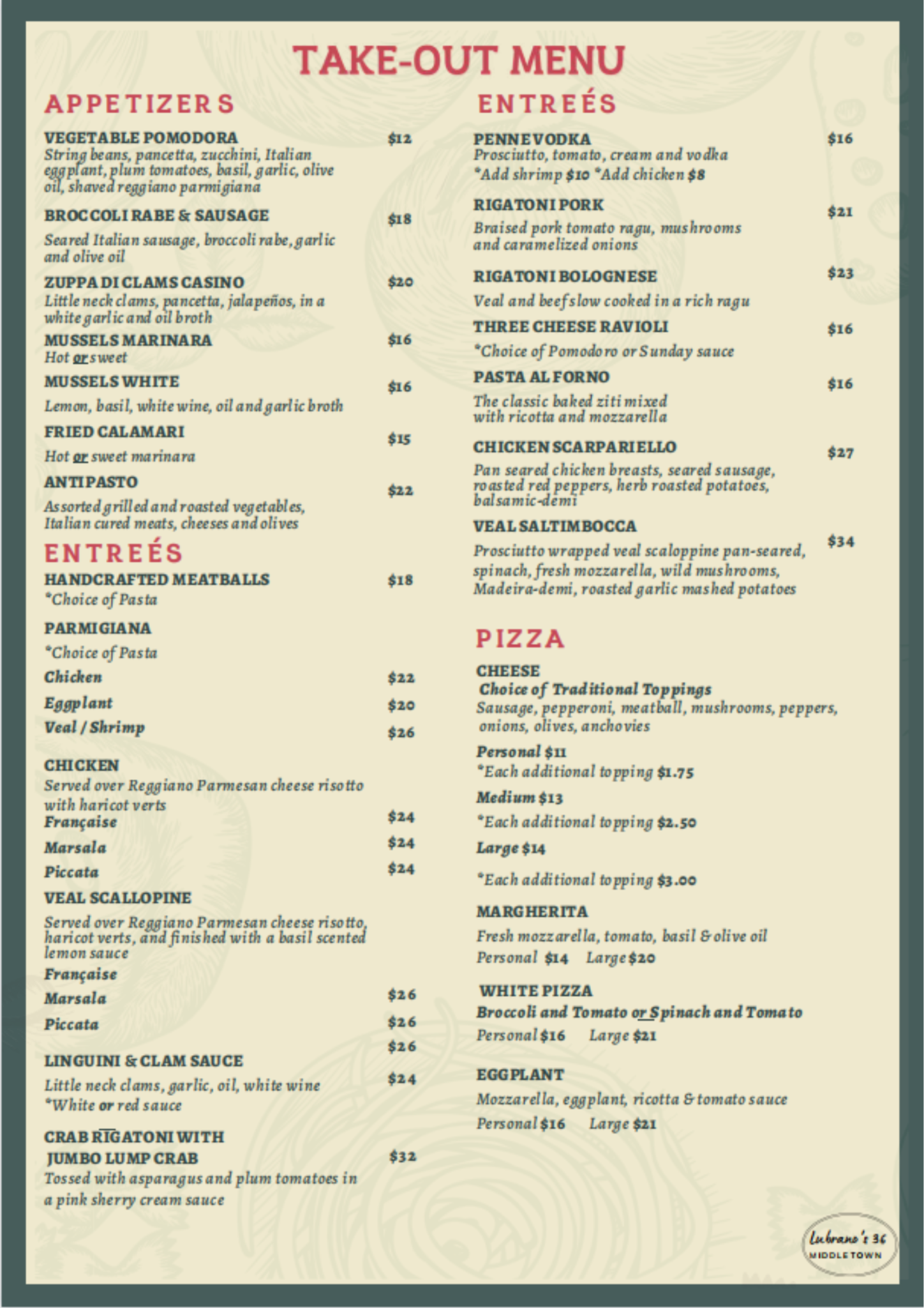 Take Out Menu - Lubrano's 36